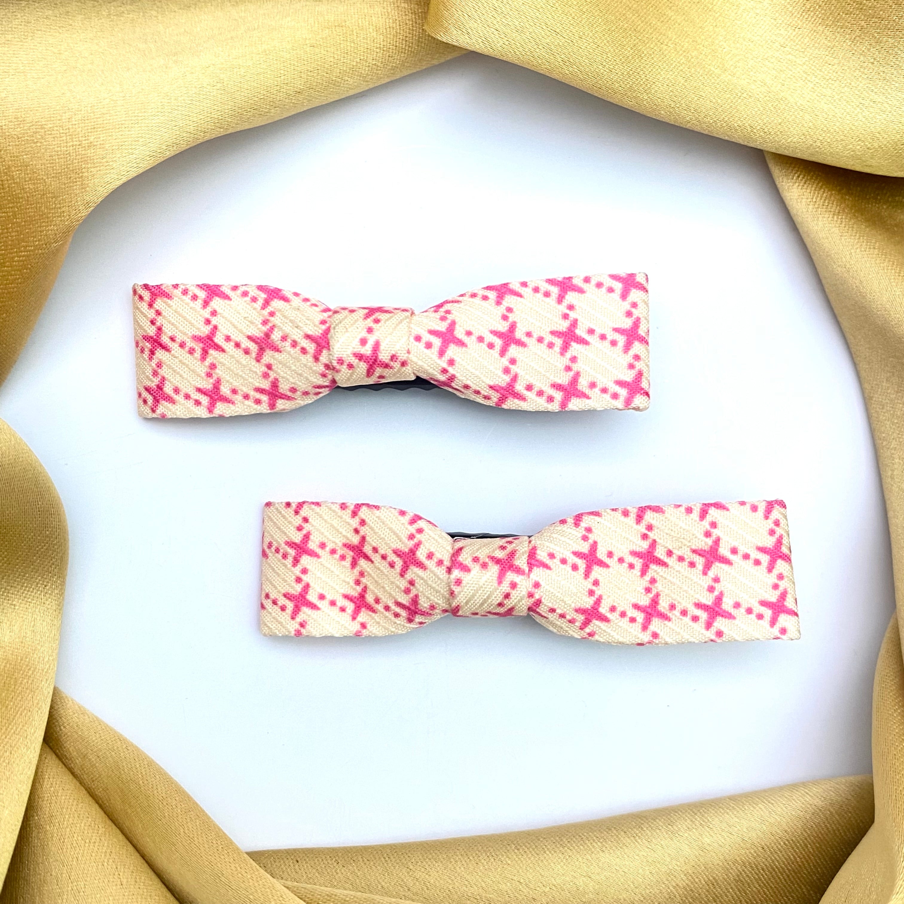 Affordable Cream & Pink Print Bows Pair– Oralia India