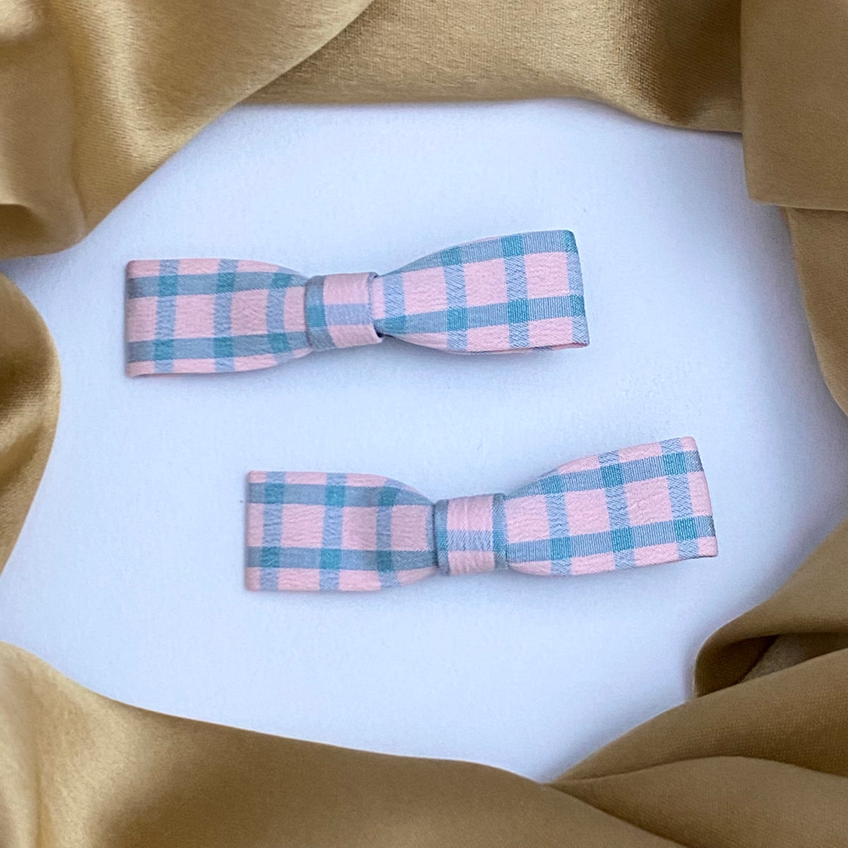 Pink-Blue Check Print Bows Pair– Oralia India