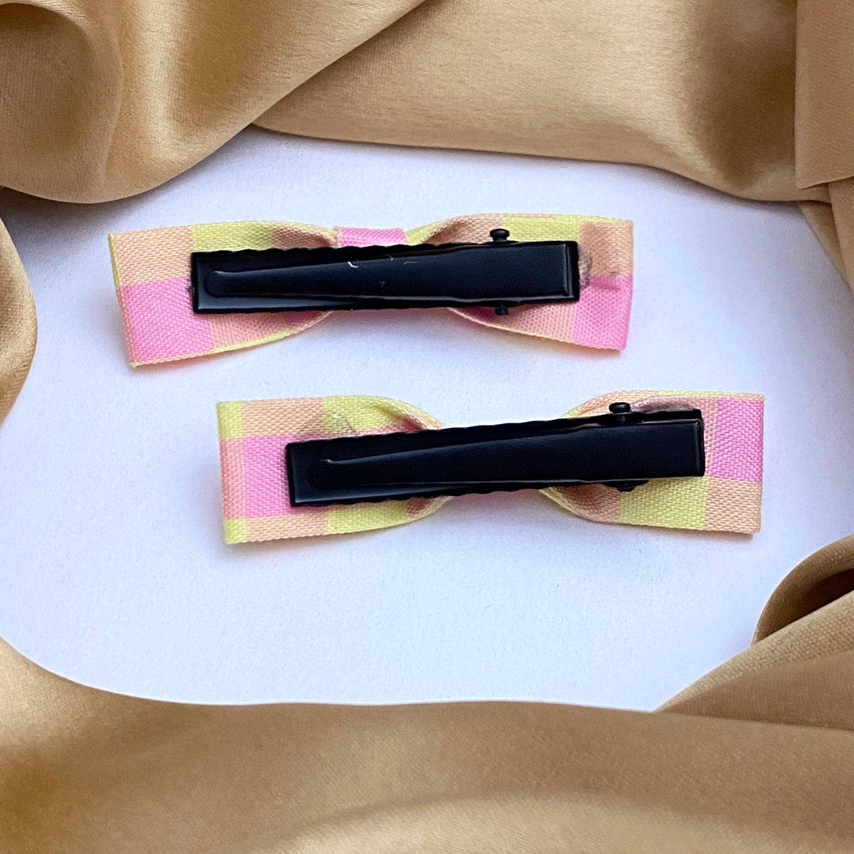 Pink Yellow Big Check Print Bows Pair– Oralia India