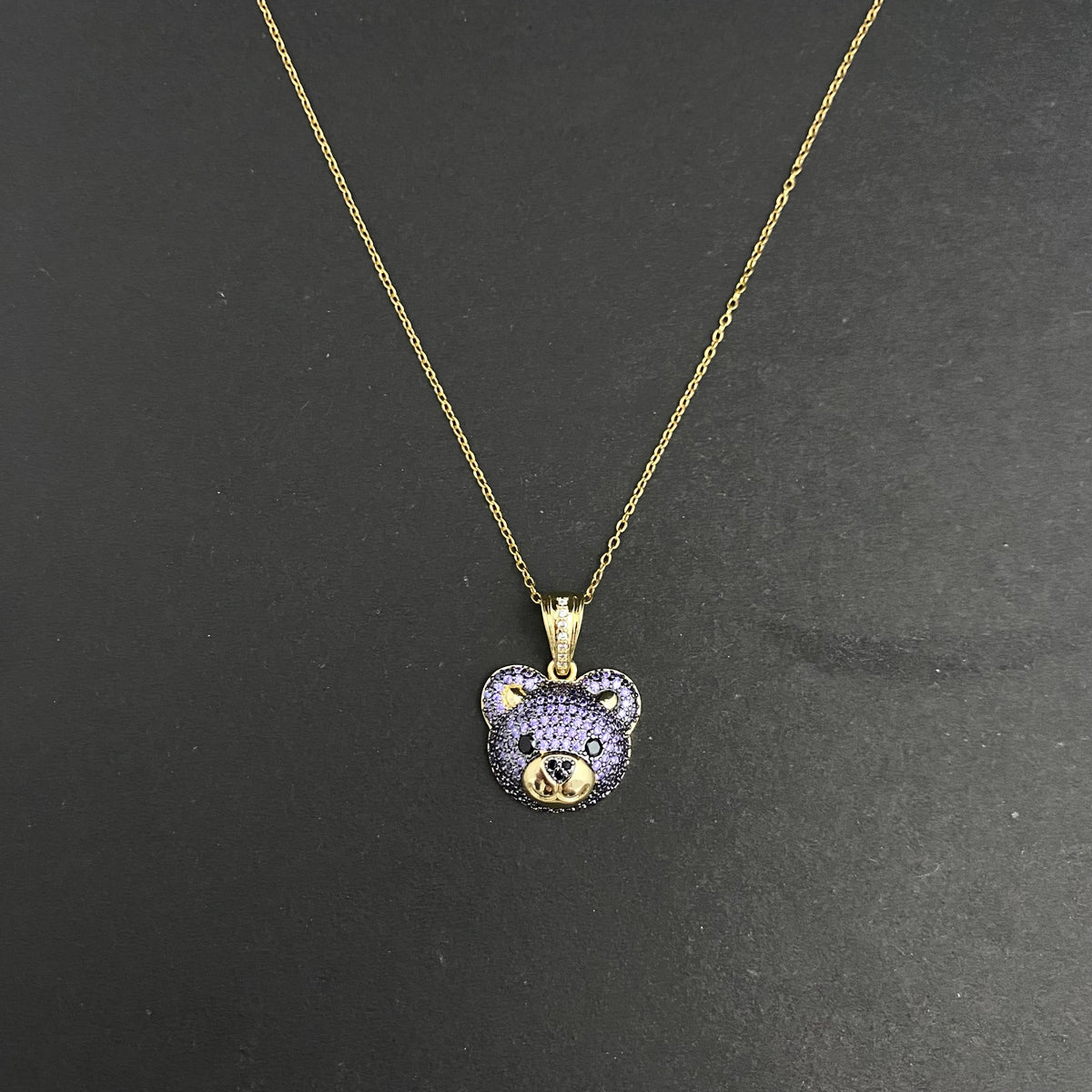 Golden Copper Stone Studded Rhinestone Purple Bear Pendant Necklace Wi ...